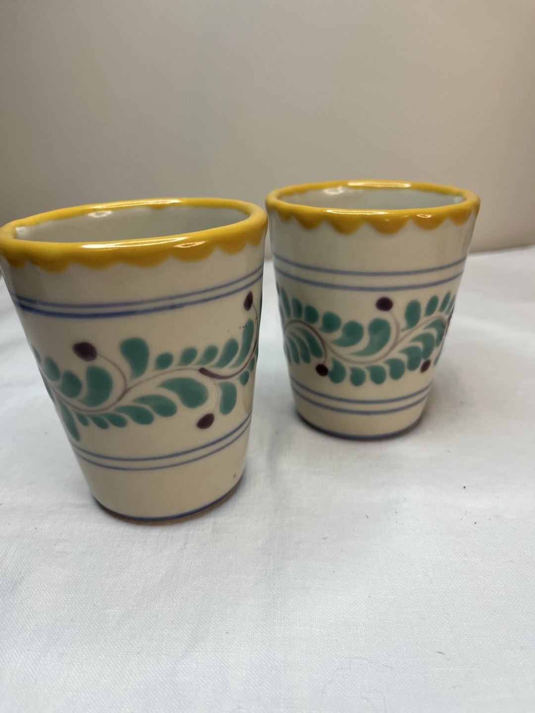 Two Talavera Floral Cups Mexico 4” Yellow Green