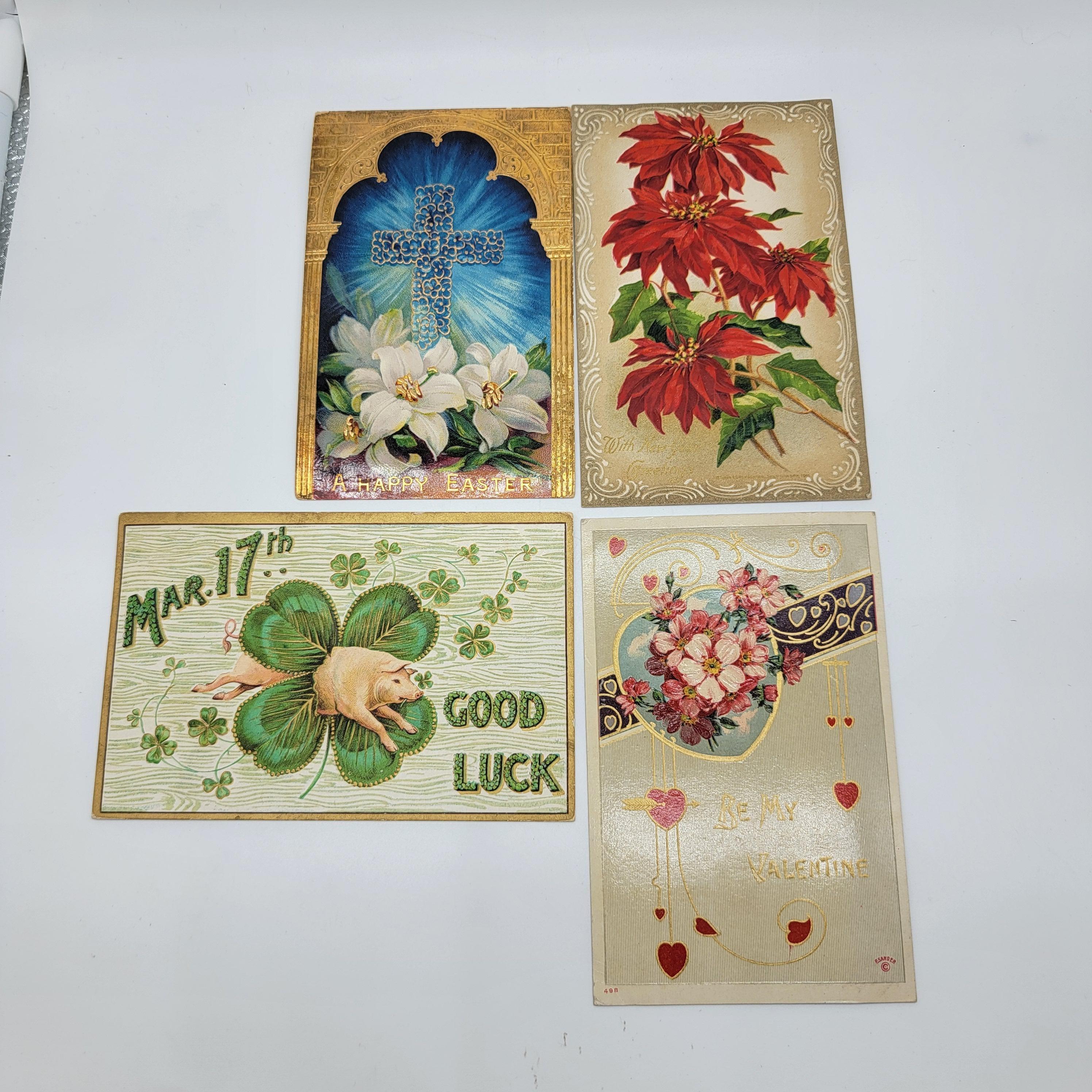 4 Assorted Antique Holiday Postcards Christmas Easter Valentine's St ...