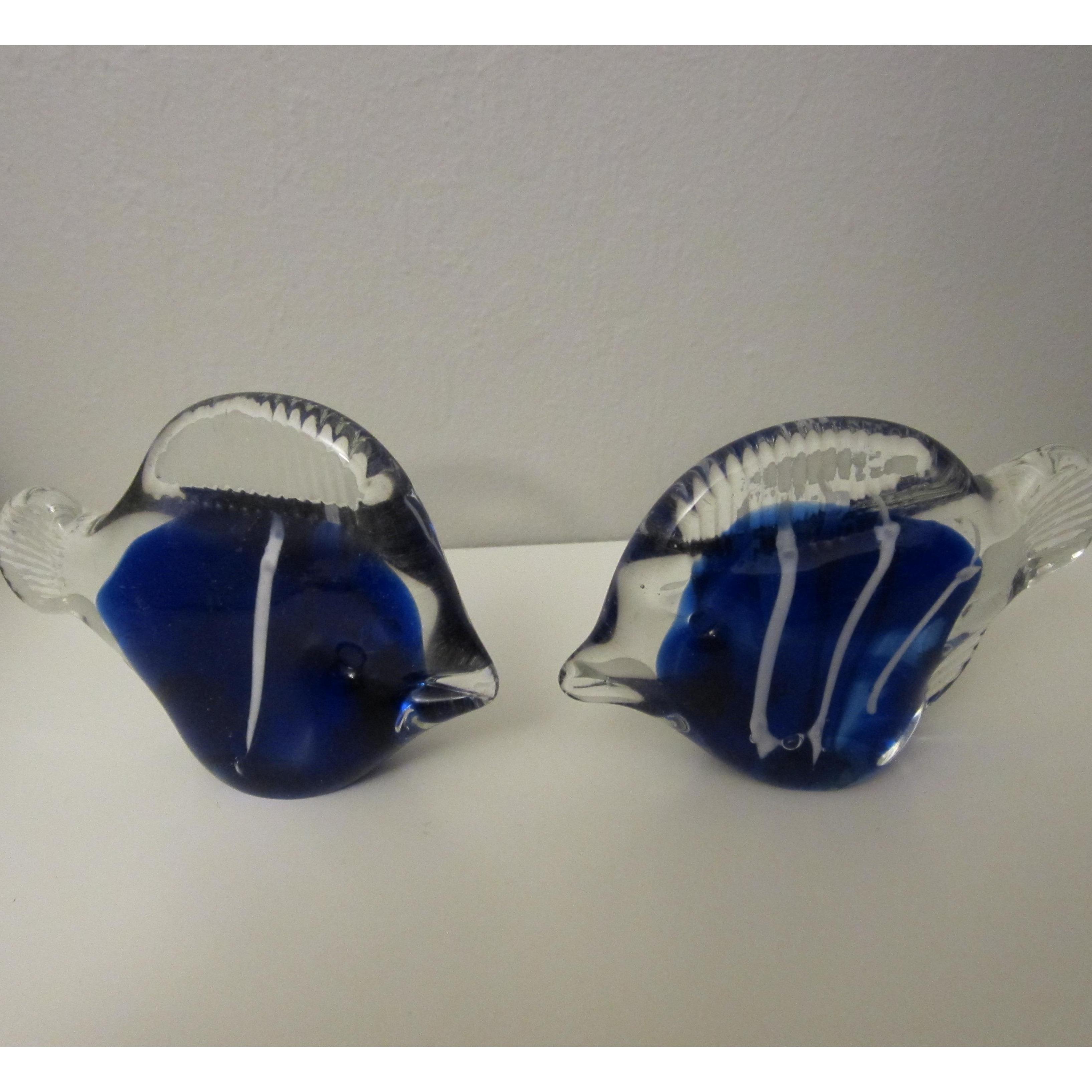 Set of 2 art glass blue fish paperweights one stripe and two stripe