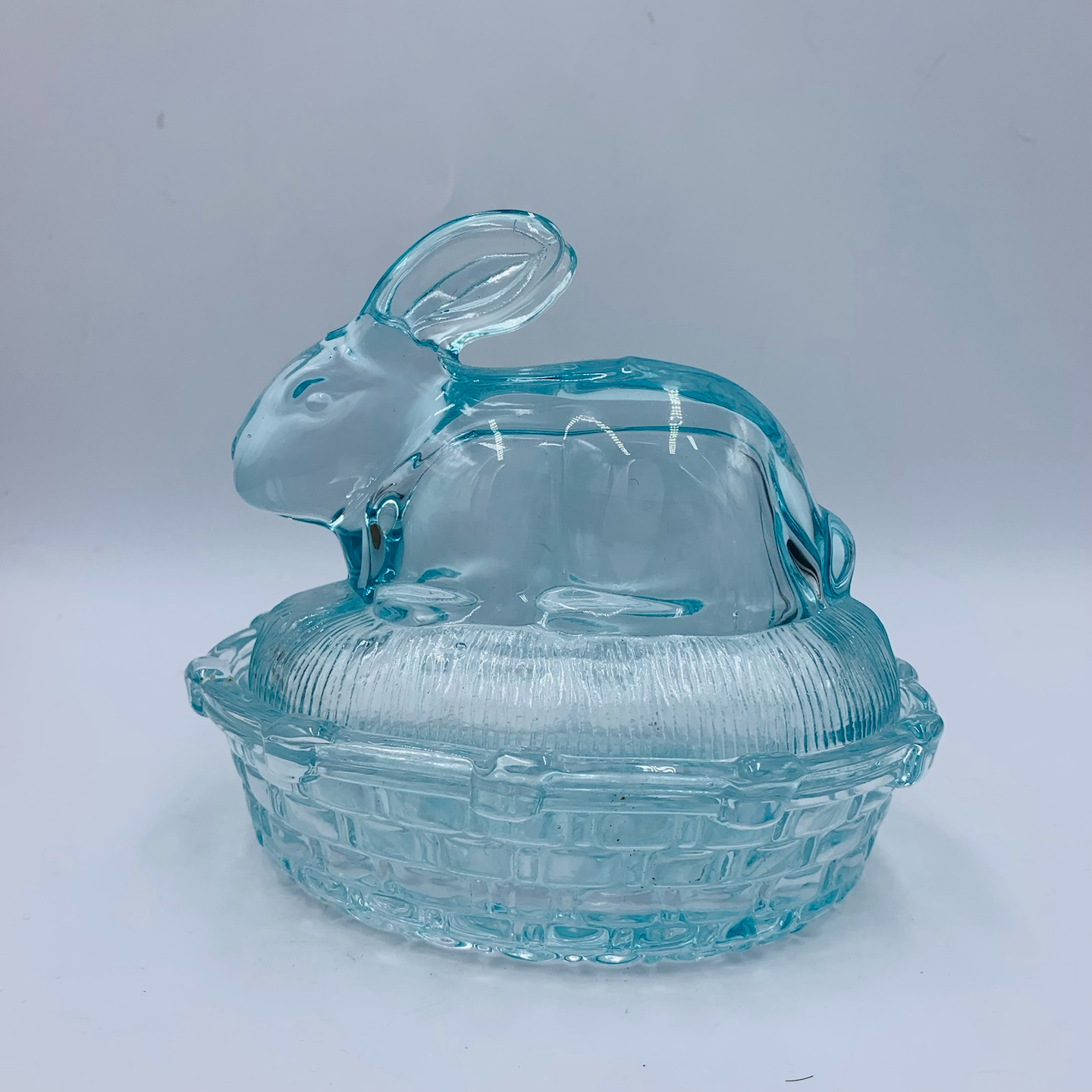 51. Aqua Blue Glass Bunny On Nest Candy Jar
