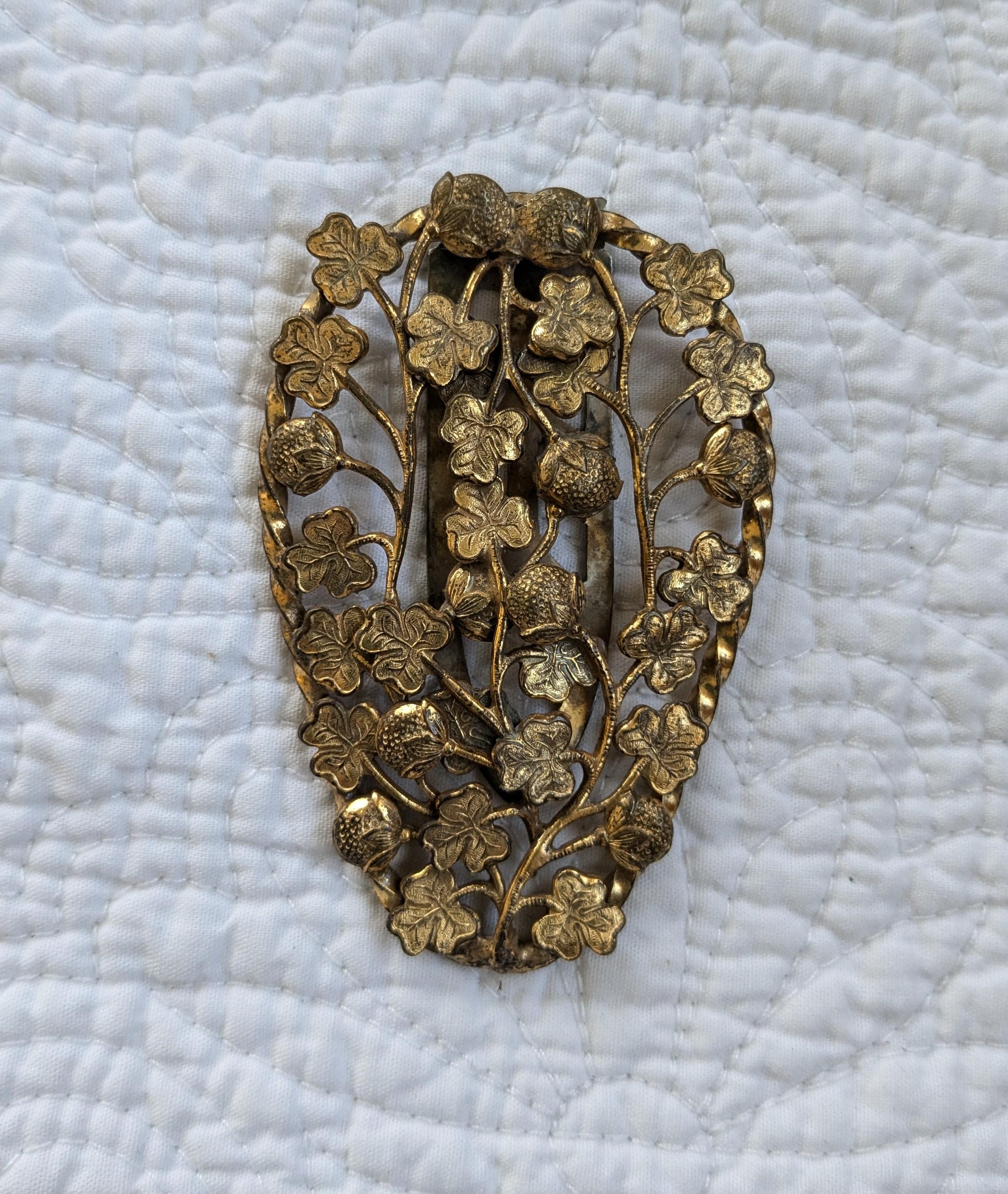 Antique Dress Clip in Brass Tone and Leaf Motif