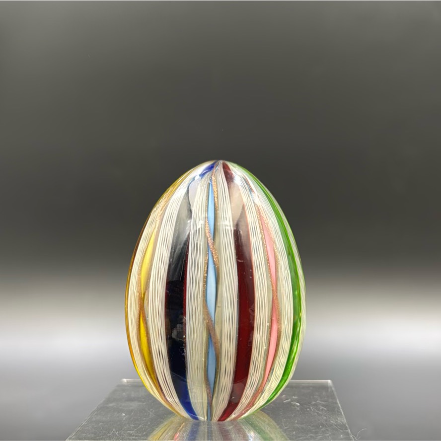 Vintage Italian Egg Shaped Multicolored Ribbon Latticino Glass Paper Wright