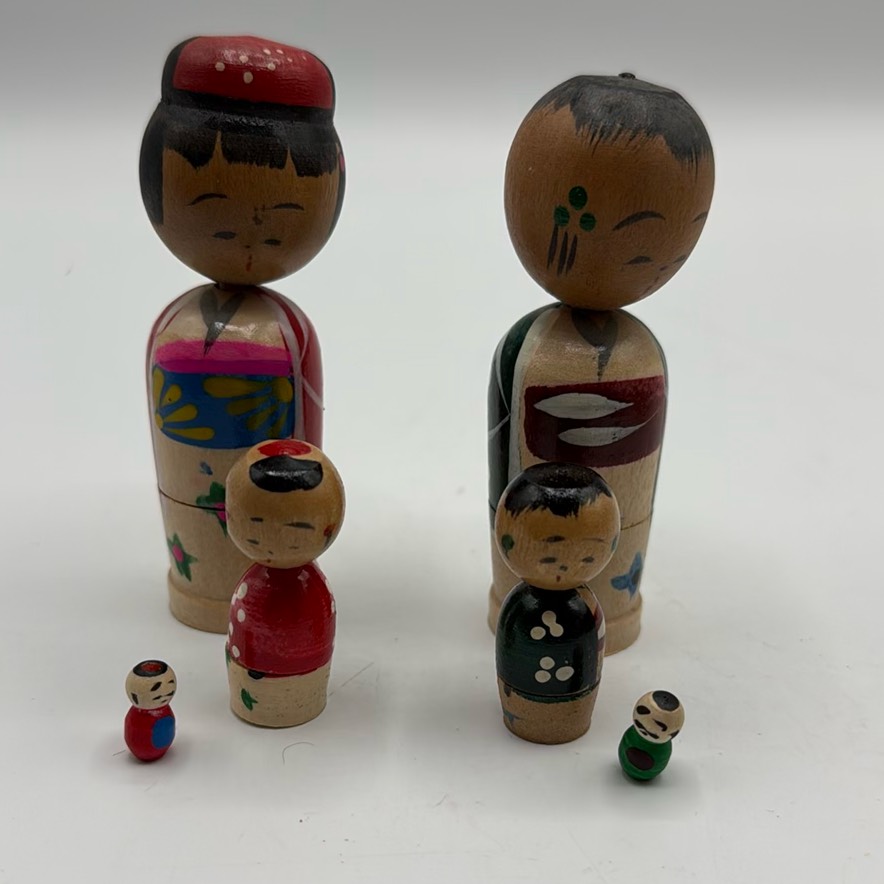 Kokeshi Japan Pair Of 3 Piece Bobble Head Nesting Dolls