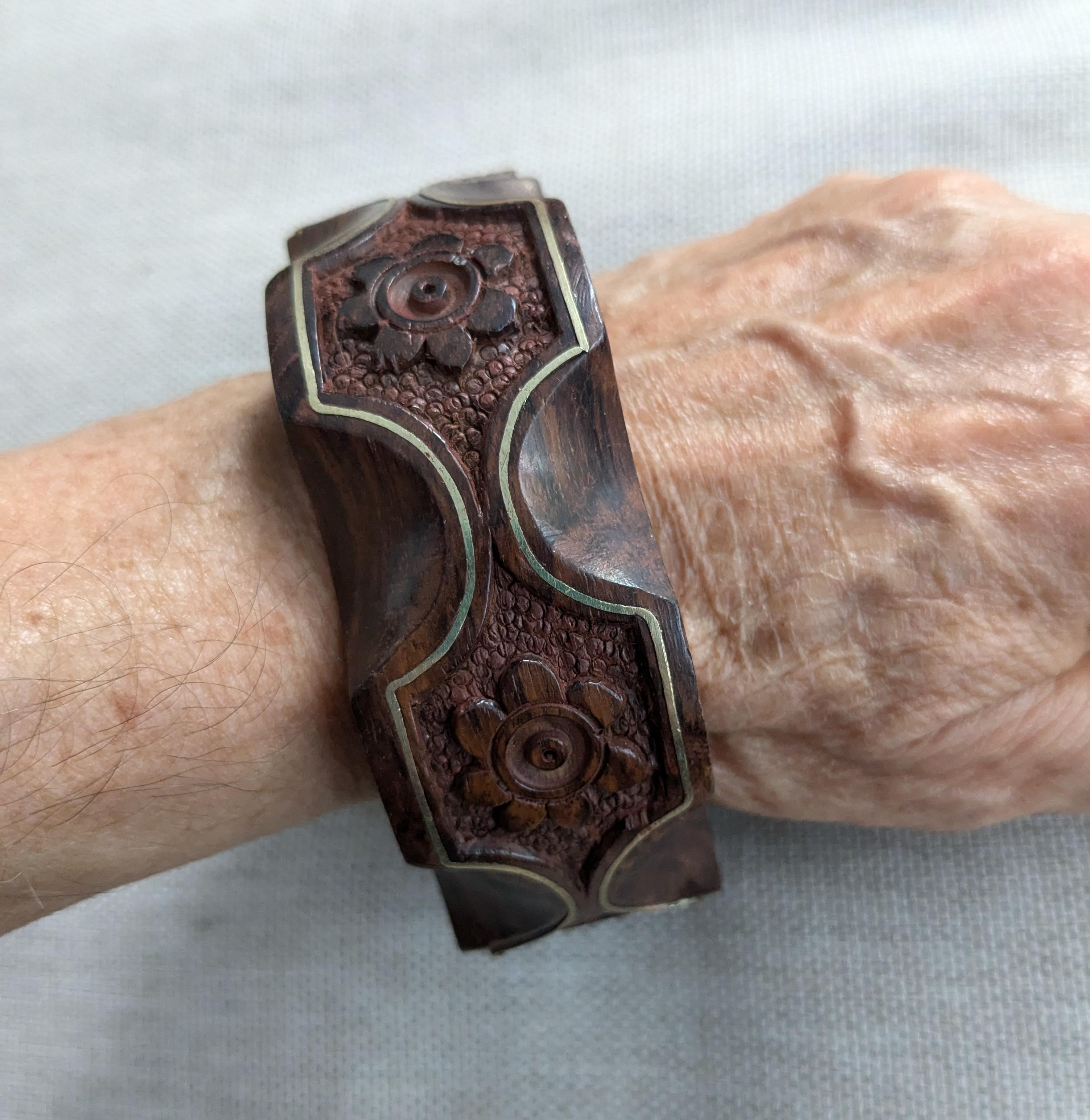 Vintage Hand Carved Wood Bangle Bracelet with Brass Inlay