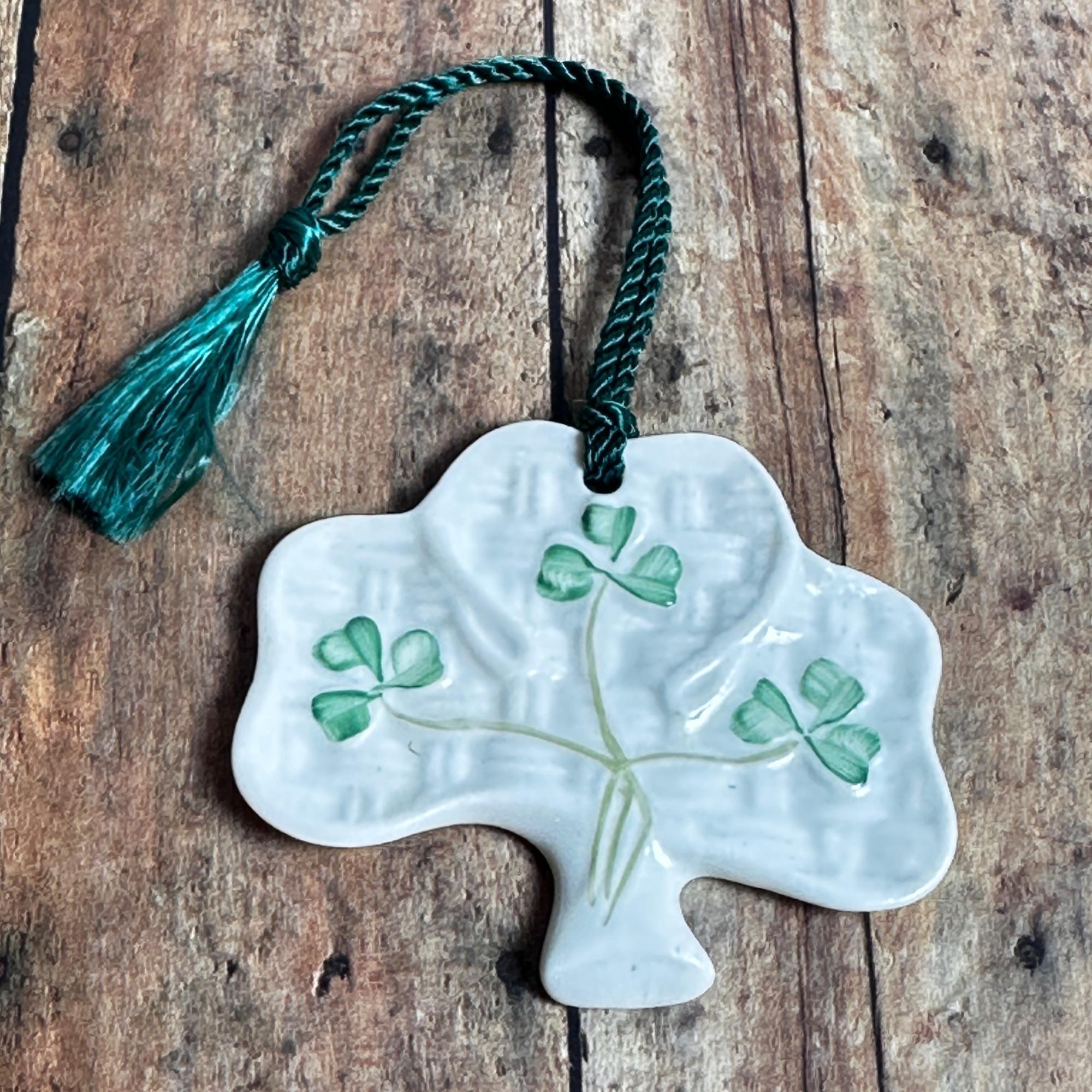 Irish Belleek Shamrock Ornament Embossed Basketweave With Green Tassel