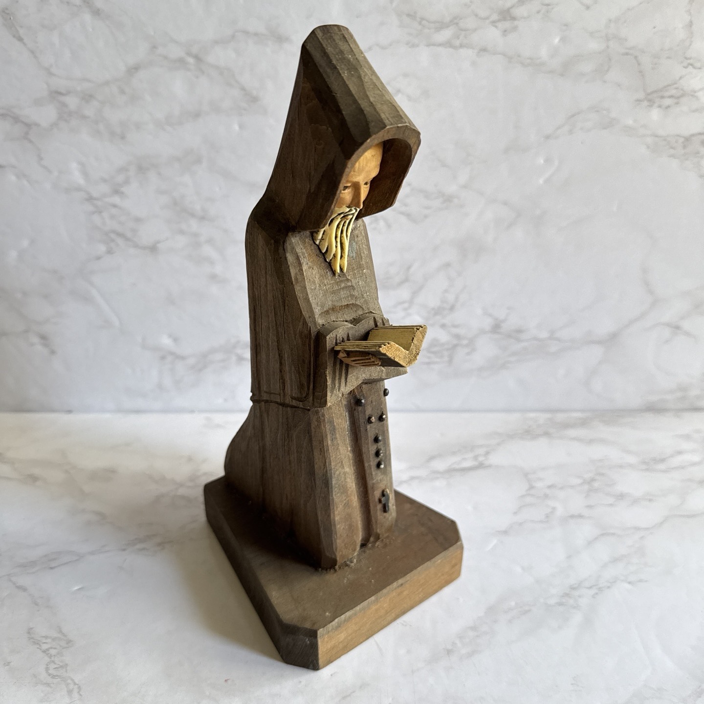 Vintage Hand Carved Wood Monk Statue Priest Figure Reading Book Bible ...