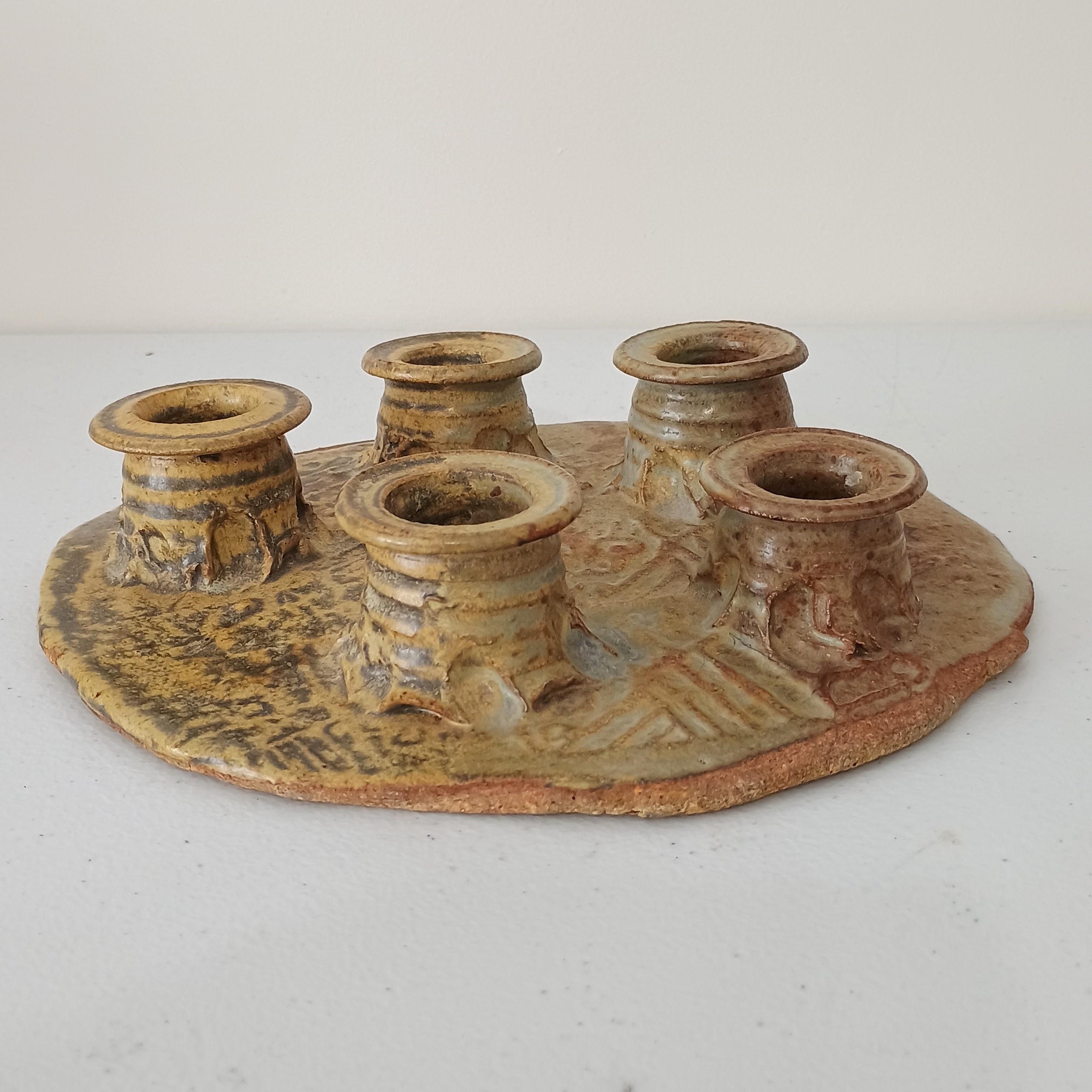 Signed Bill Stuart? Pottery 5 Taper Candle Holder Rustic Cottage Country 8"