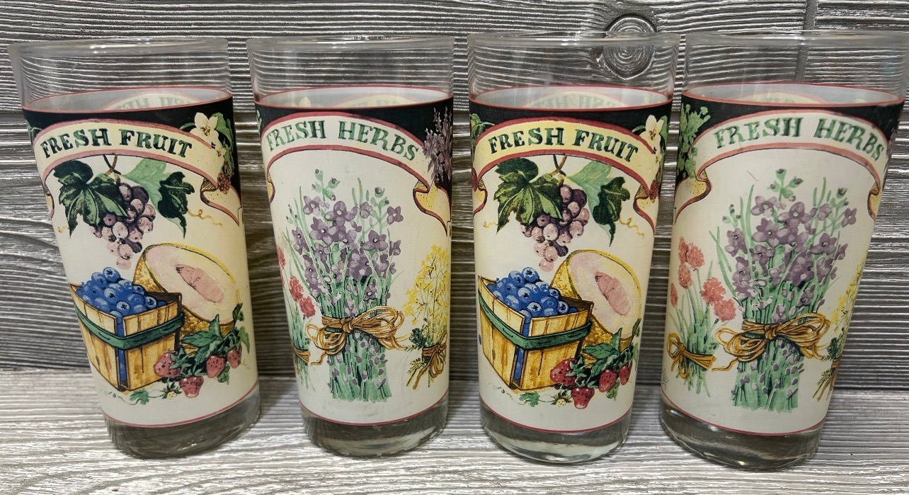 Fresh Fruit & Fresh Herbs Set of 4 Drinking Glasses 6 1/4” Vintage ...