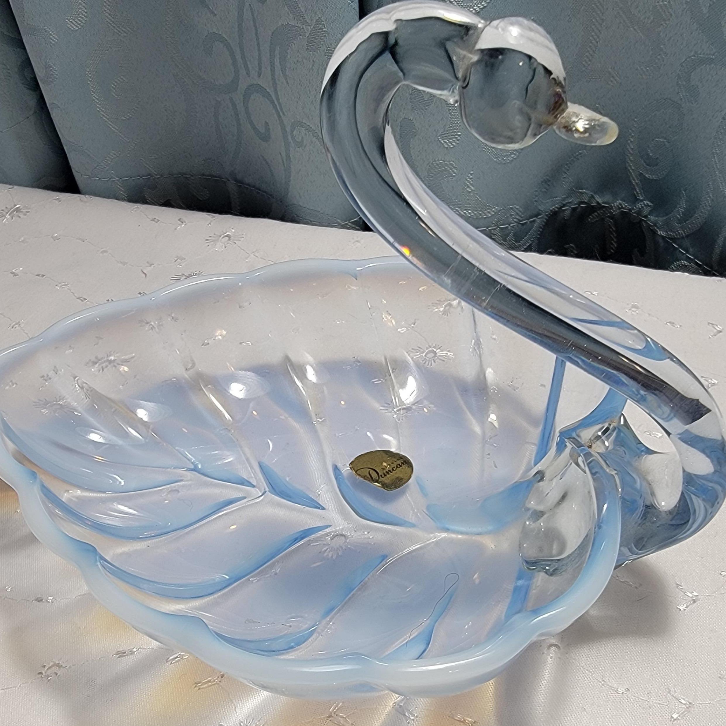 Vintage Duncan Miller Frosted Blue Glass Swan Dish