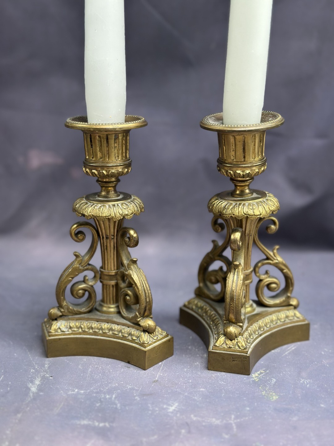 Vintage Pair Religious Altar Candlestick Holders Brass Made In Austria ...