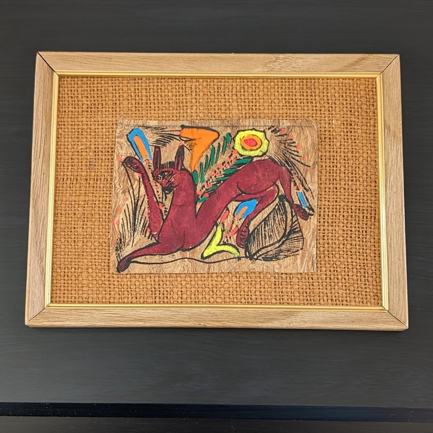 Vintage Framed Mexican Folk Art Amate Painted Tree Bark Animal ...