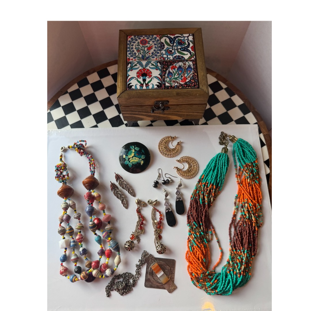Vintage Wood And Tile Jewelry Box Filled With Jewelry*