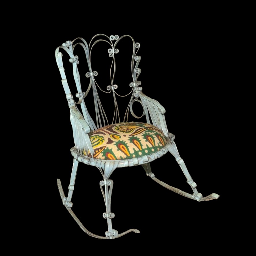 Vintage Metal Folk Art Rocking Chair Pin Cushion Doll Chair, 5”