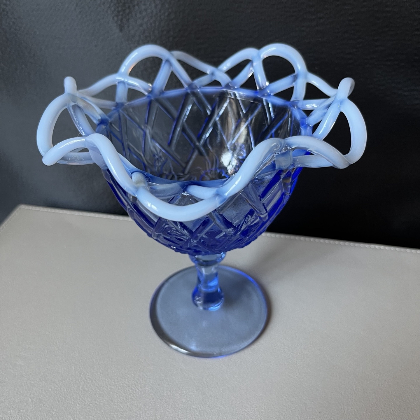 Fenton Flowers On Lattice With Ruffled Open Lattice Rim Provincial Blue ...