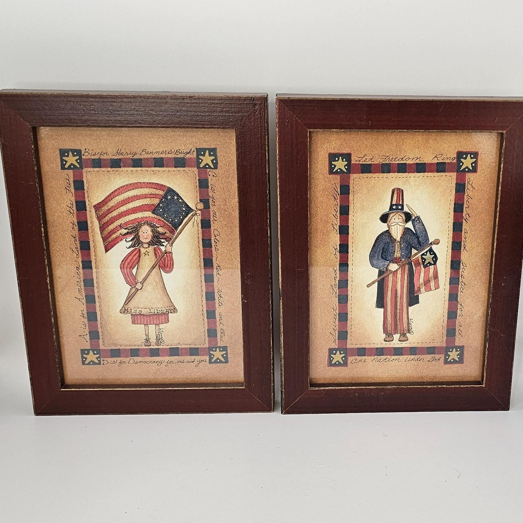 32 - Set Of 2 Framed Country Primitive Style Patriotic Frames