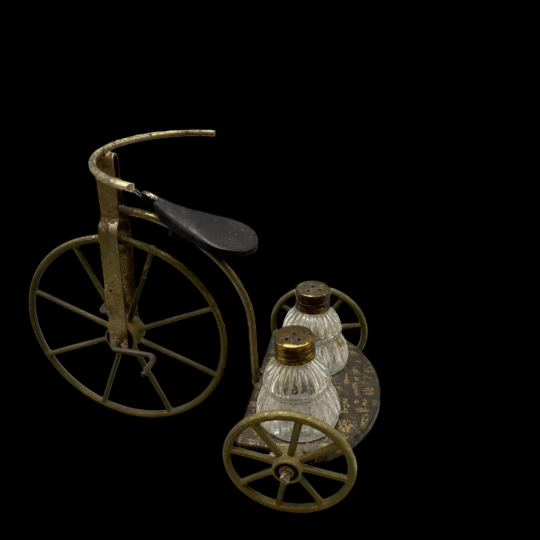 Vintage 1950s Tricycle Glass Salt & Pepper Shaker Holder Bike Collector