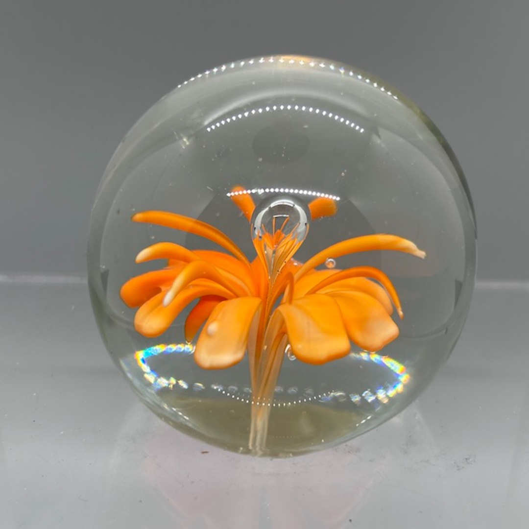60 Paperweight - Orange Encased Flower 2.5” ️ See Desc