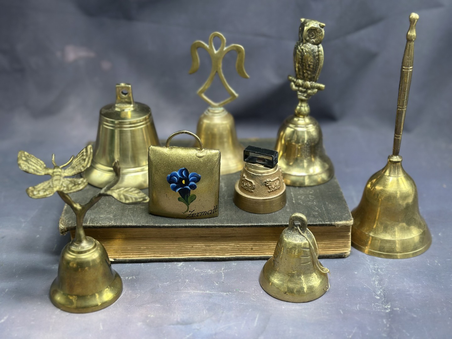Vintage Solid Brass Bells Amazing Variety Lot of 8 Owl Butterfly Bell