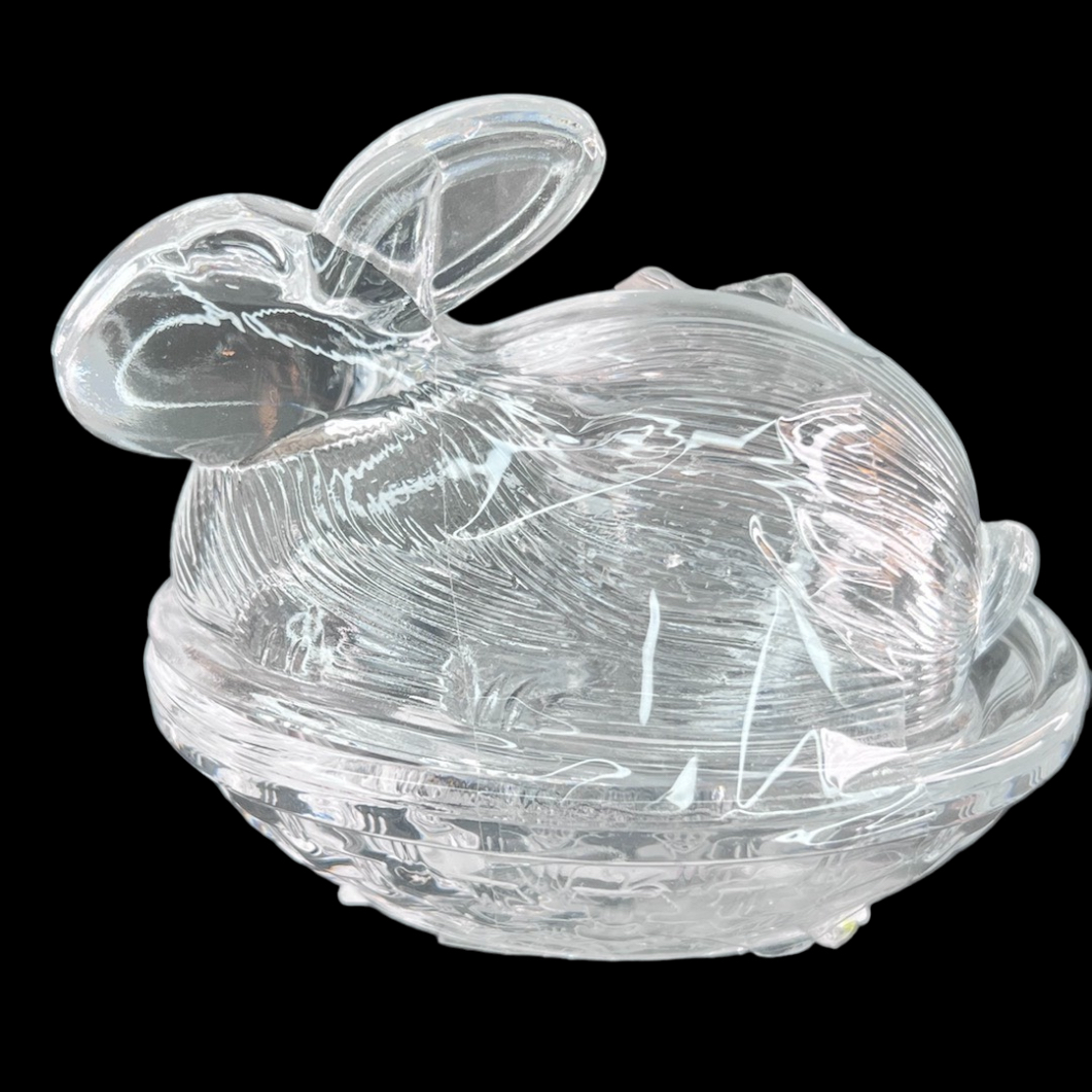 019 - Clear Glass Bunny Rabbit on a Nest Basket Covered Candy Egg ...