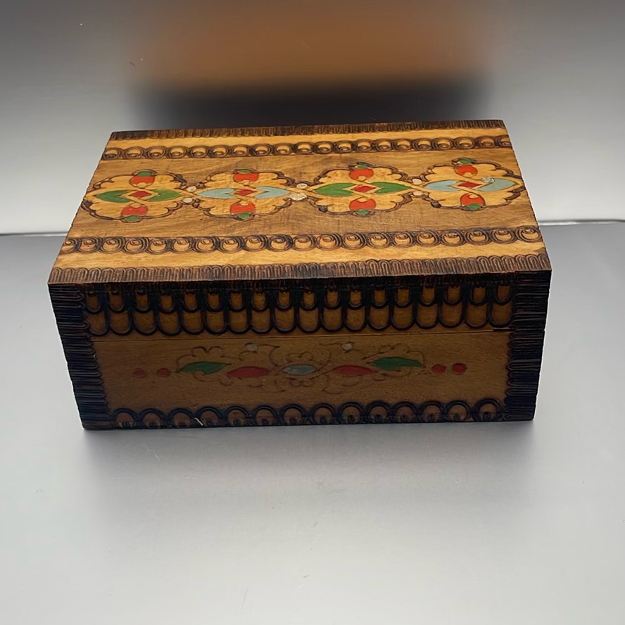 Vintage Wooden Keepsake Box Made In Poland Handpainted Pyrography