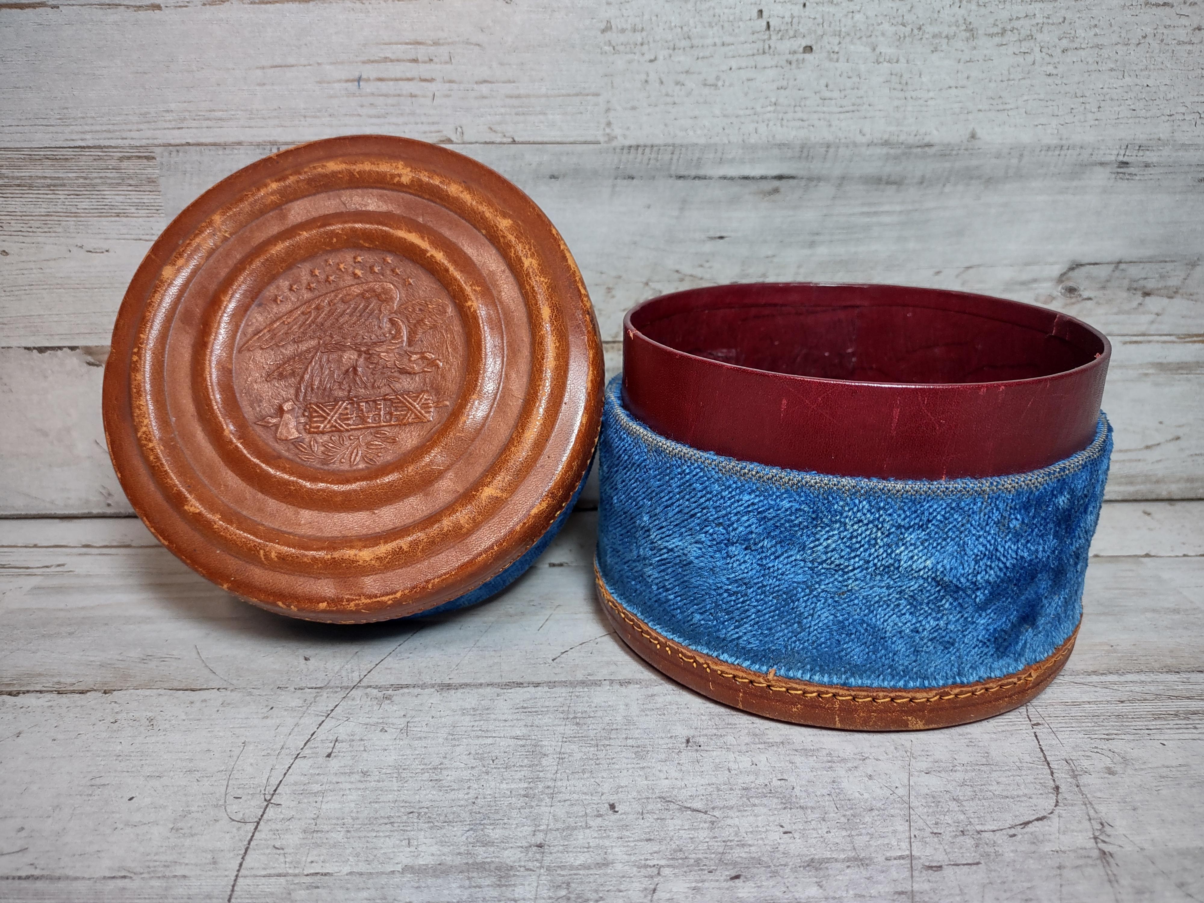 Antique HMR & Co Leather and Blue Satin Men's Collar Cuff Vanity Box Eagle