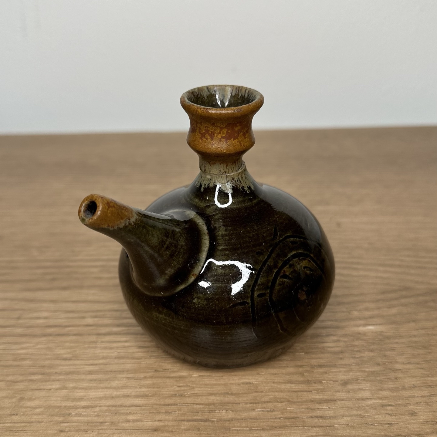 Vtg Studio Art Pottery Wick Oil Burner Lamp Glazed Green Brown Signed