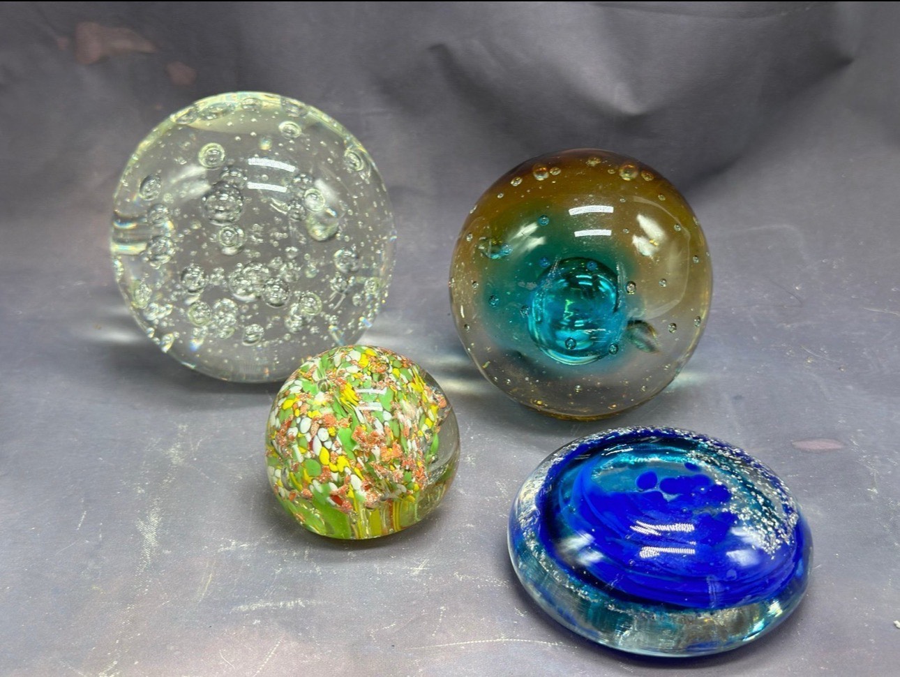 Art Glass Blown Glass Paperweight Lot 4 Bubbles Swirls Beautiful Variety