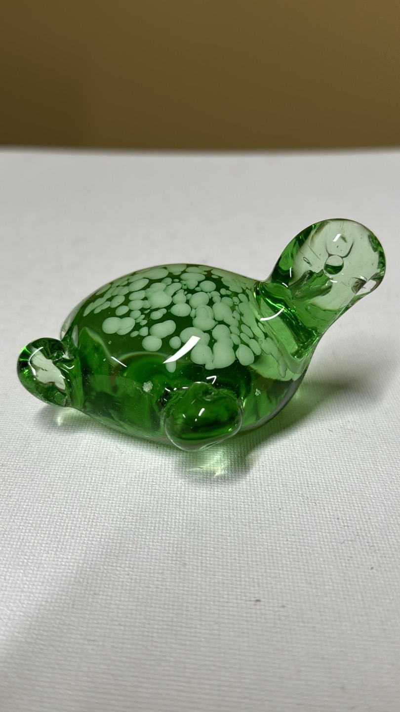 Turtle Paperweight Figurine Green & White Speckled Hand Blown Art Glass