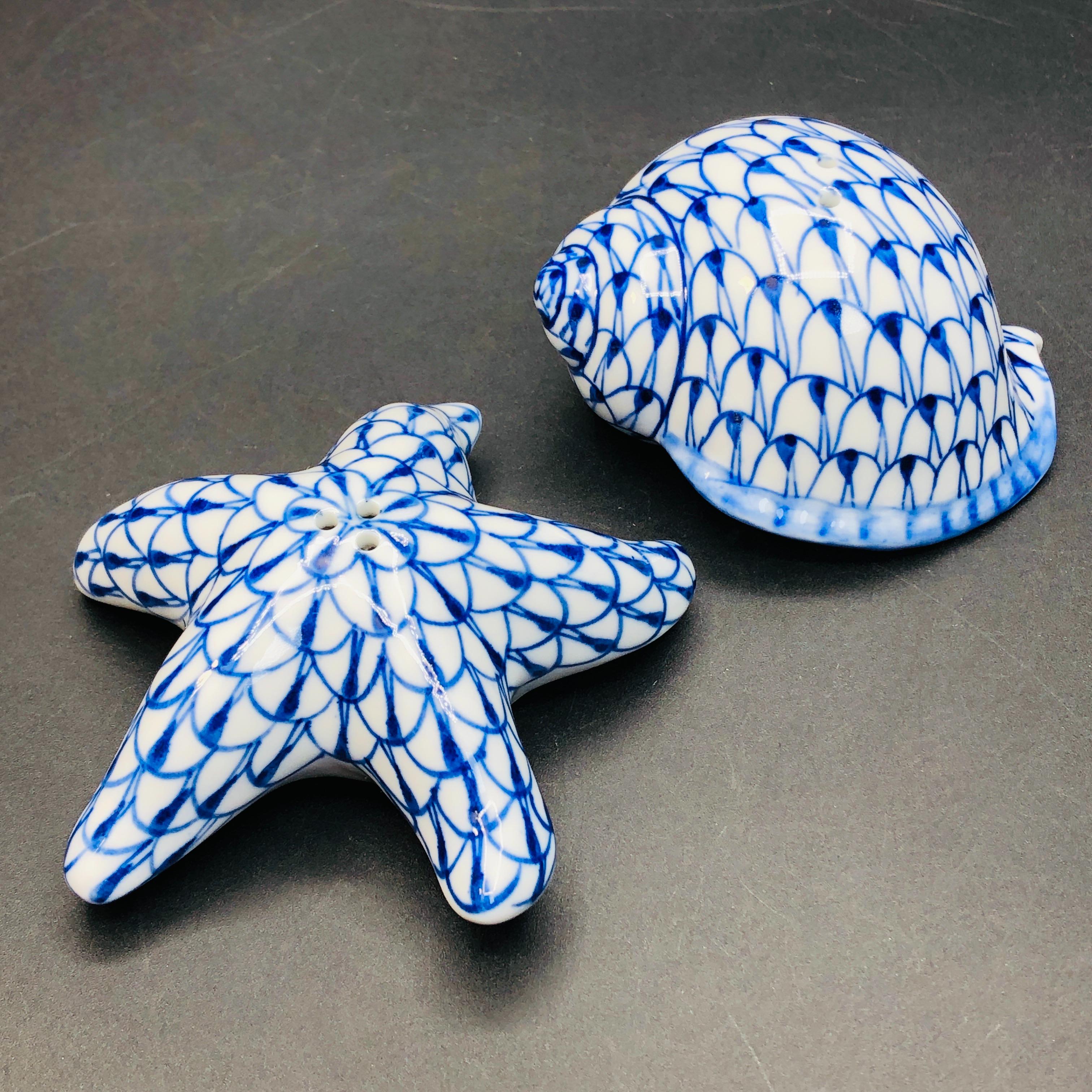 Seashell Starfish Salt Pepper Shaker Set Blue White Porcelain
