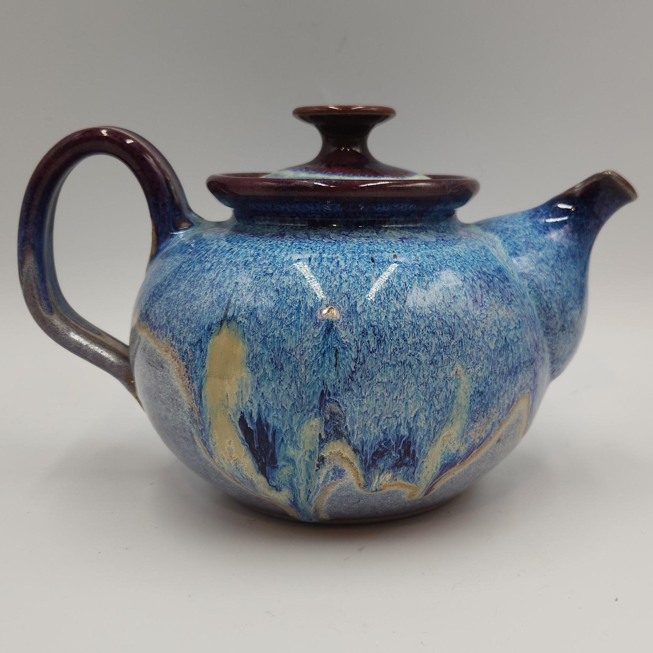 Vintage Artisan Pottery Teapot with Lid - Handmade Teapot, Blue Purple ...