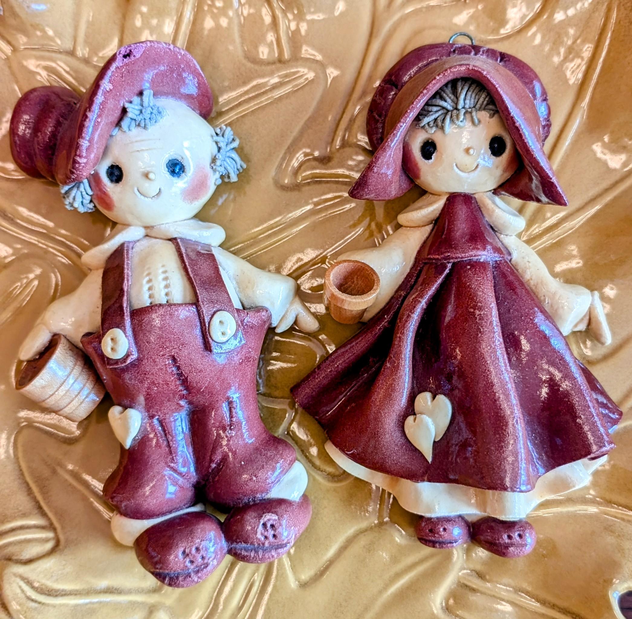 Pilgrim Farmer Man & Woman Dough People Wall Hanging Figurines Hand Crafted