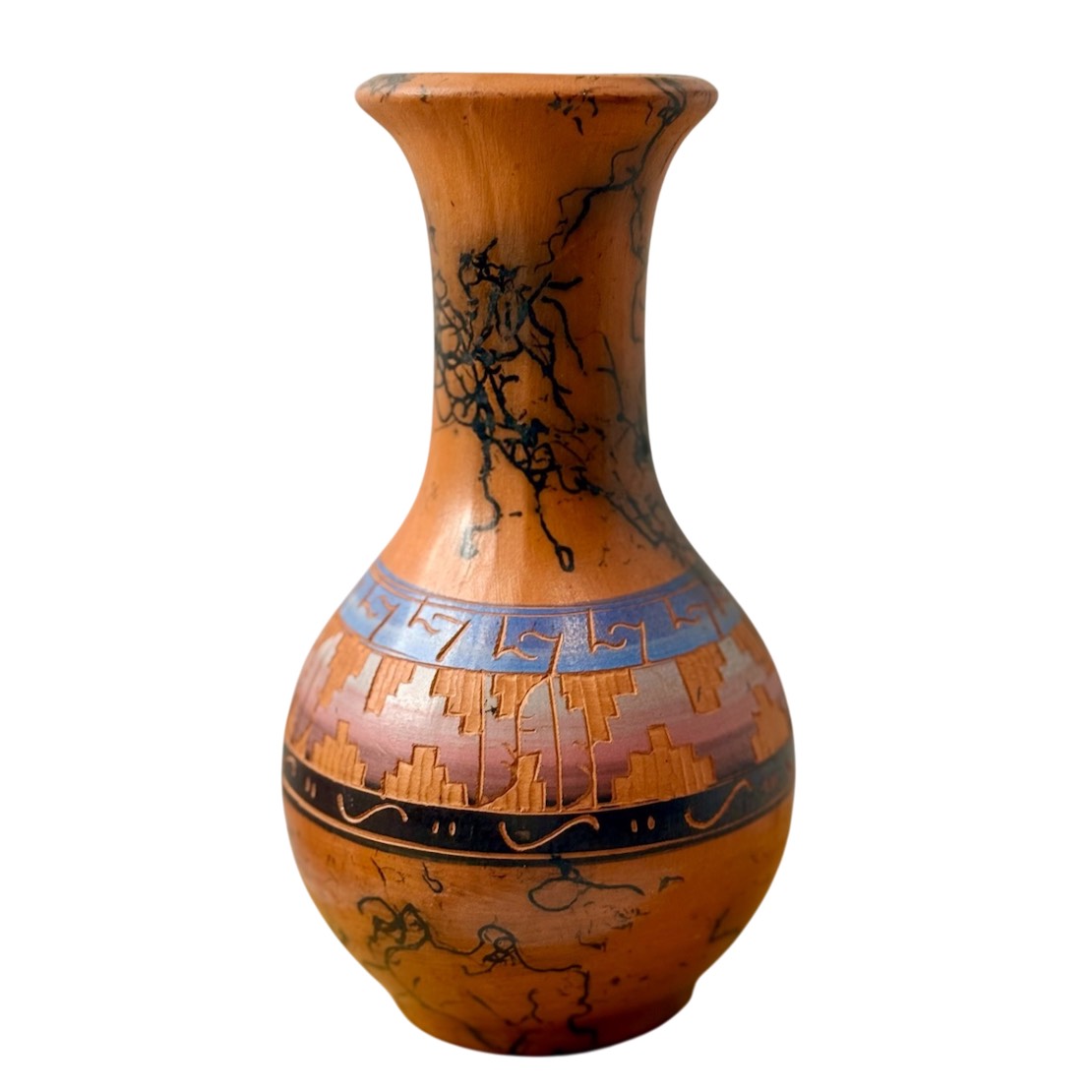 Red Earth Pottery 7” Vase Etched-Raku -Horse Hair-Signed