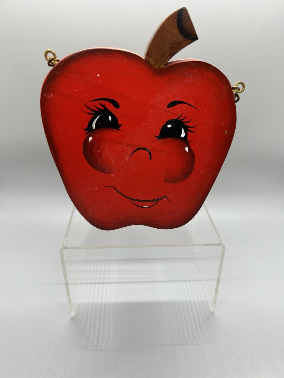 Cheeky Hand painted Wood Apple Hanger With Chain 6.5”