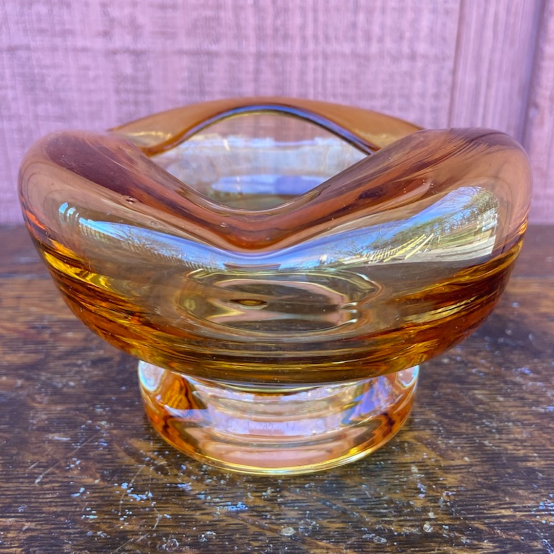 MCM Art Glass Freeform Amber Pedestal Ashtray. Three Ports.