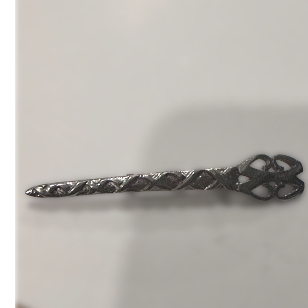 Vintage celtic white metal broach, unusual long broach, pin