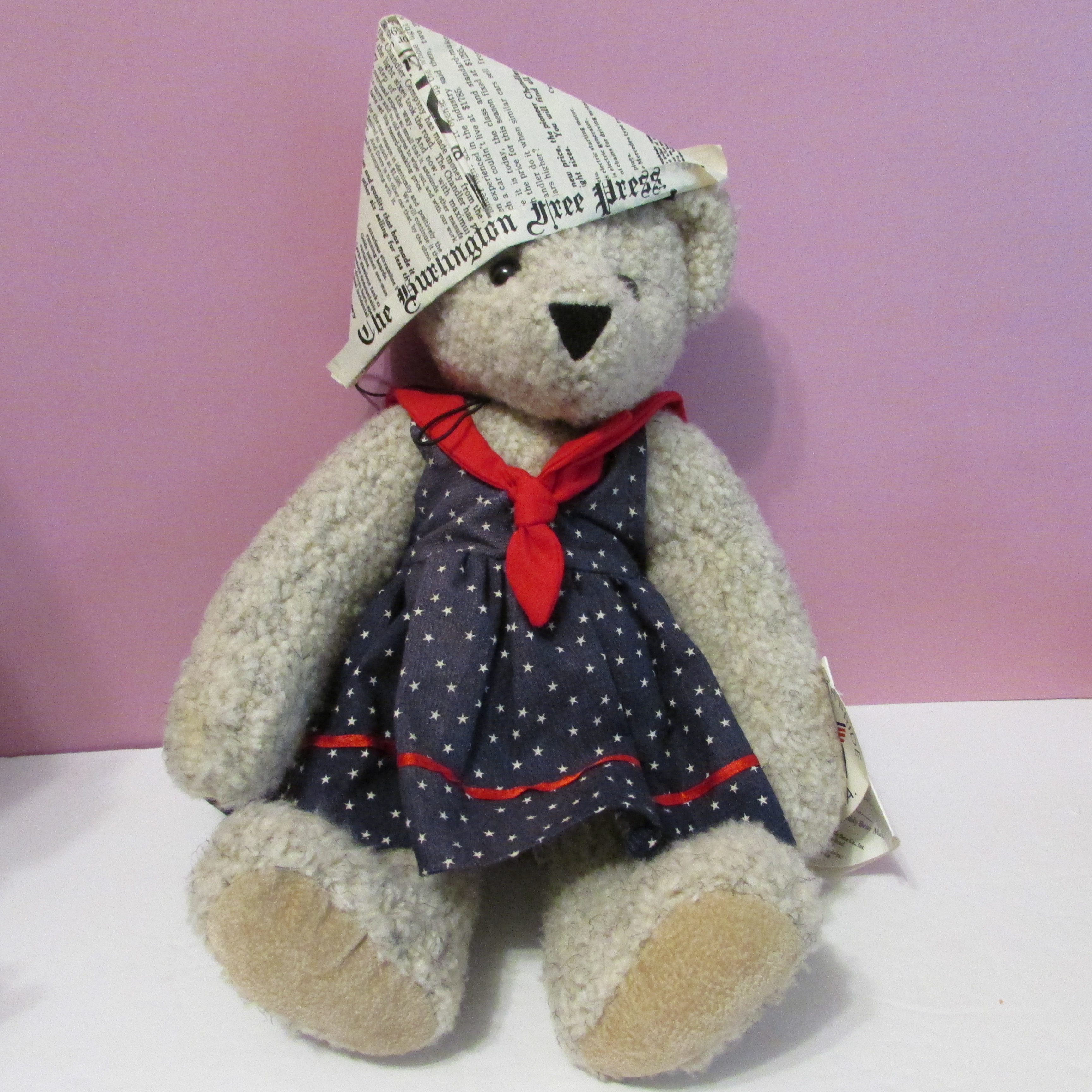 vintage Vermont Teddy Bear Company patiotic teddy blue dress news paper ...