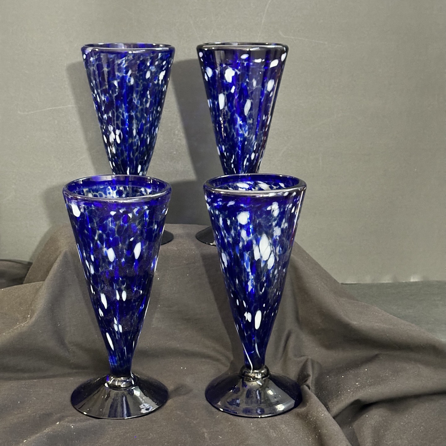 #1383 set of four, handblown, cobalt blue and white splatter art glass ...