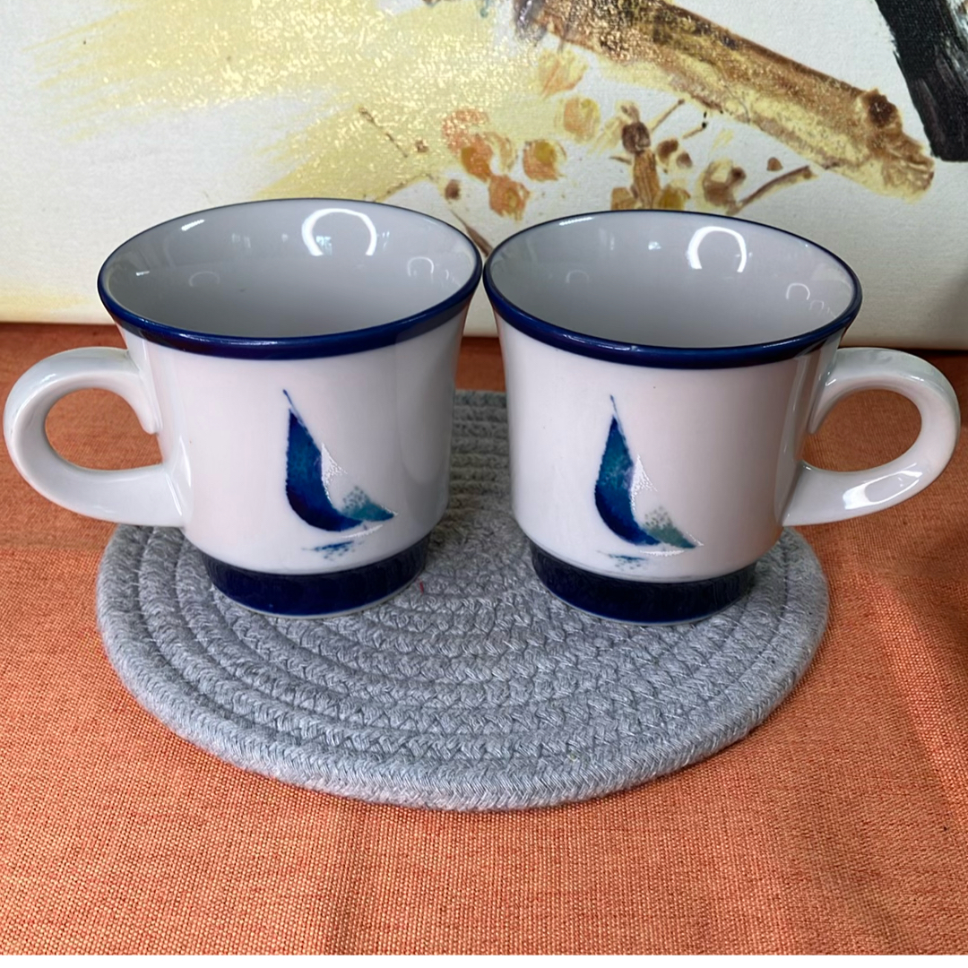 Pair Of Noritake Stoneware Mugs With Sailboats “Running Free”