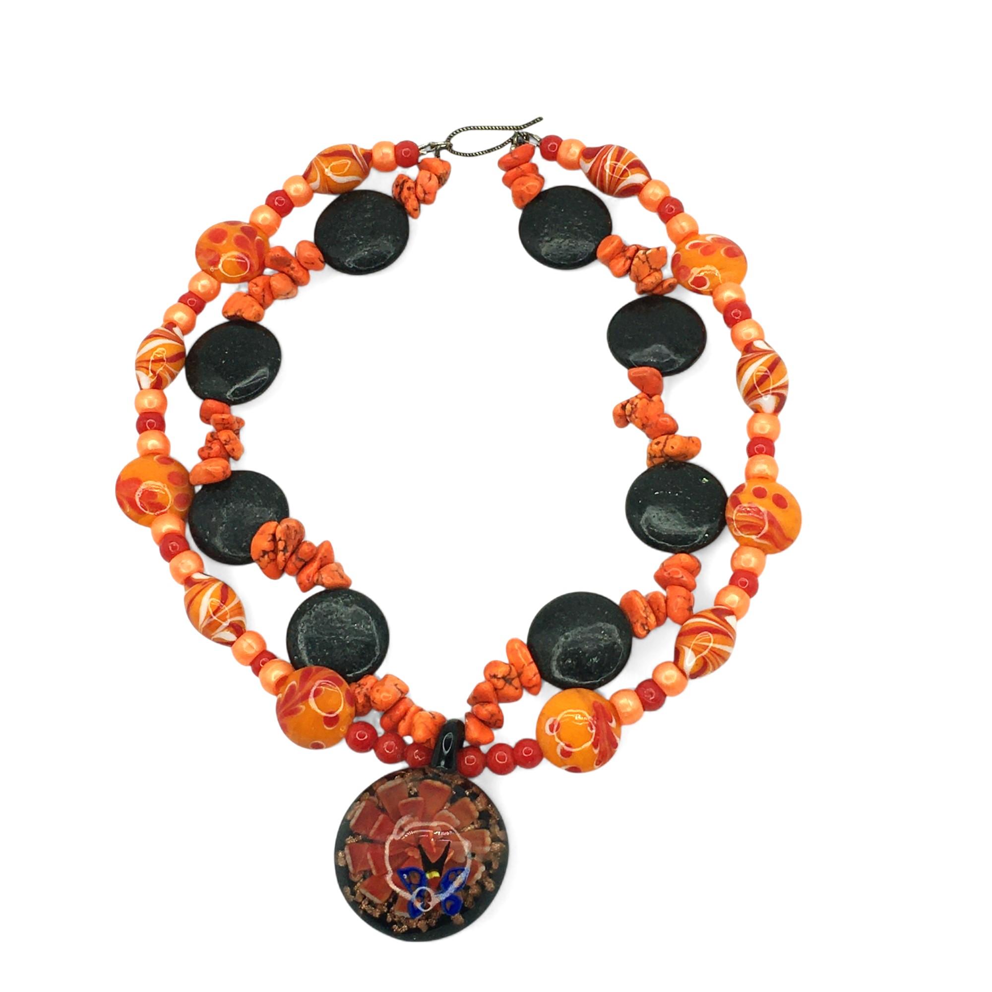 Necklace Orange Jasper Glass Beads Murano Style Glass Floral Pendant ...