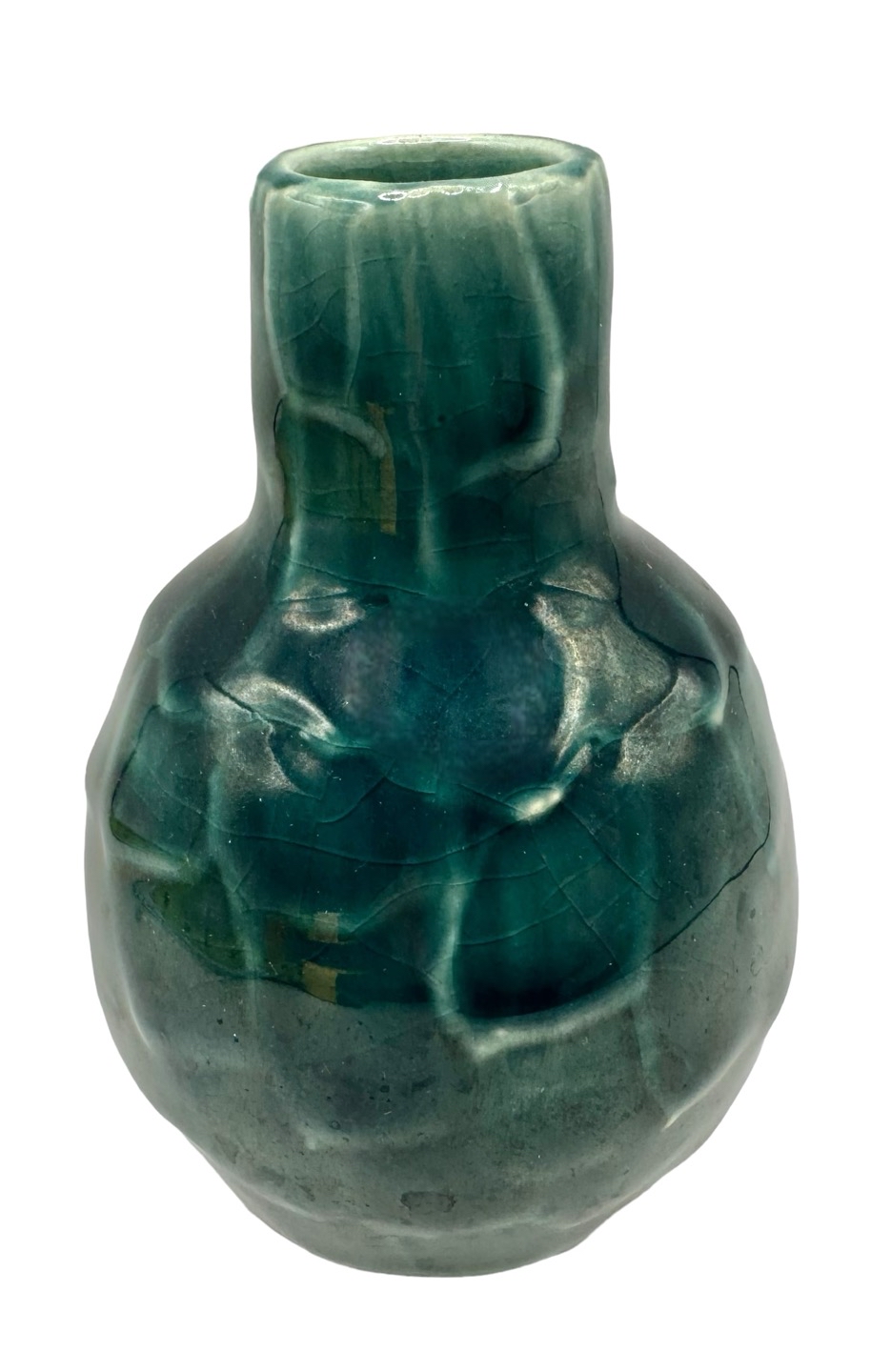 Signed JM Art Pottery Bud Vase Teal Green Blue Scale Small Crazing ...