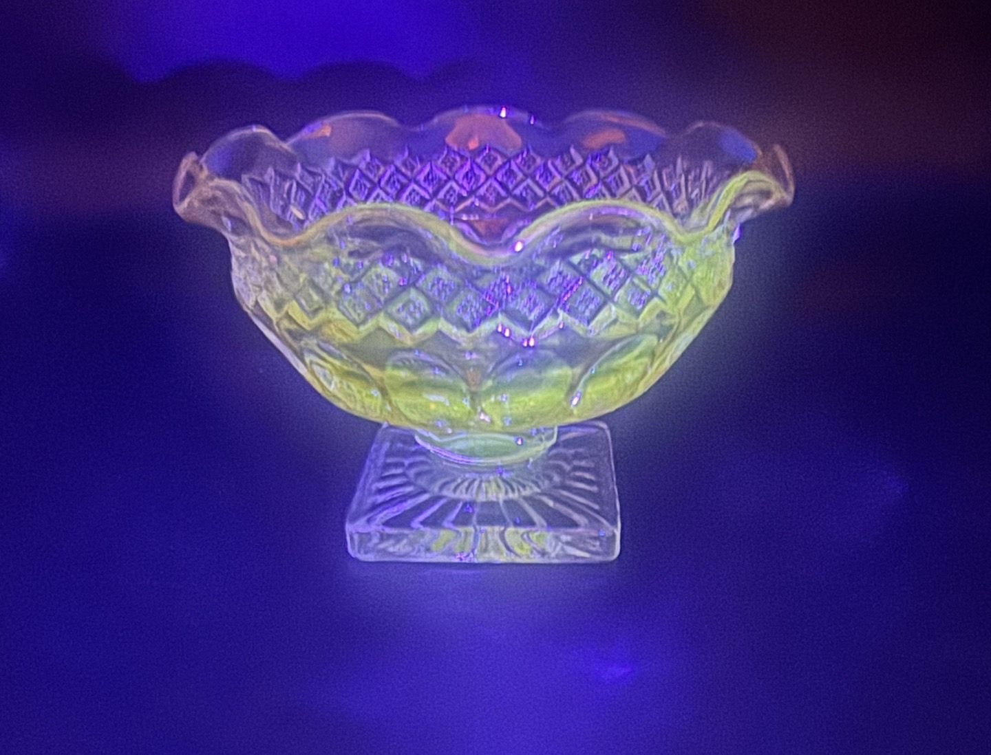 Rare WestMoreland Uranium Amber Iridescent Flashed Glass Footed Crimped ...