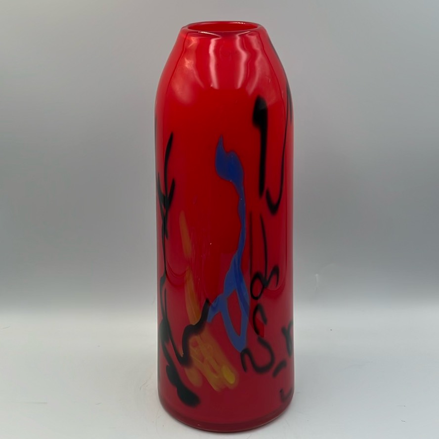 Unique Red Art Glass Graffiti Vase 12.25”