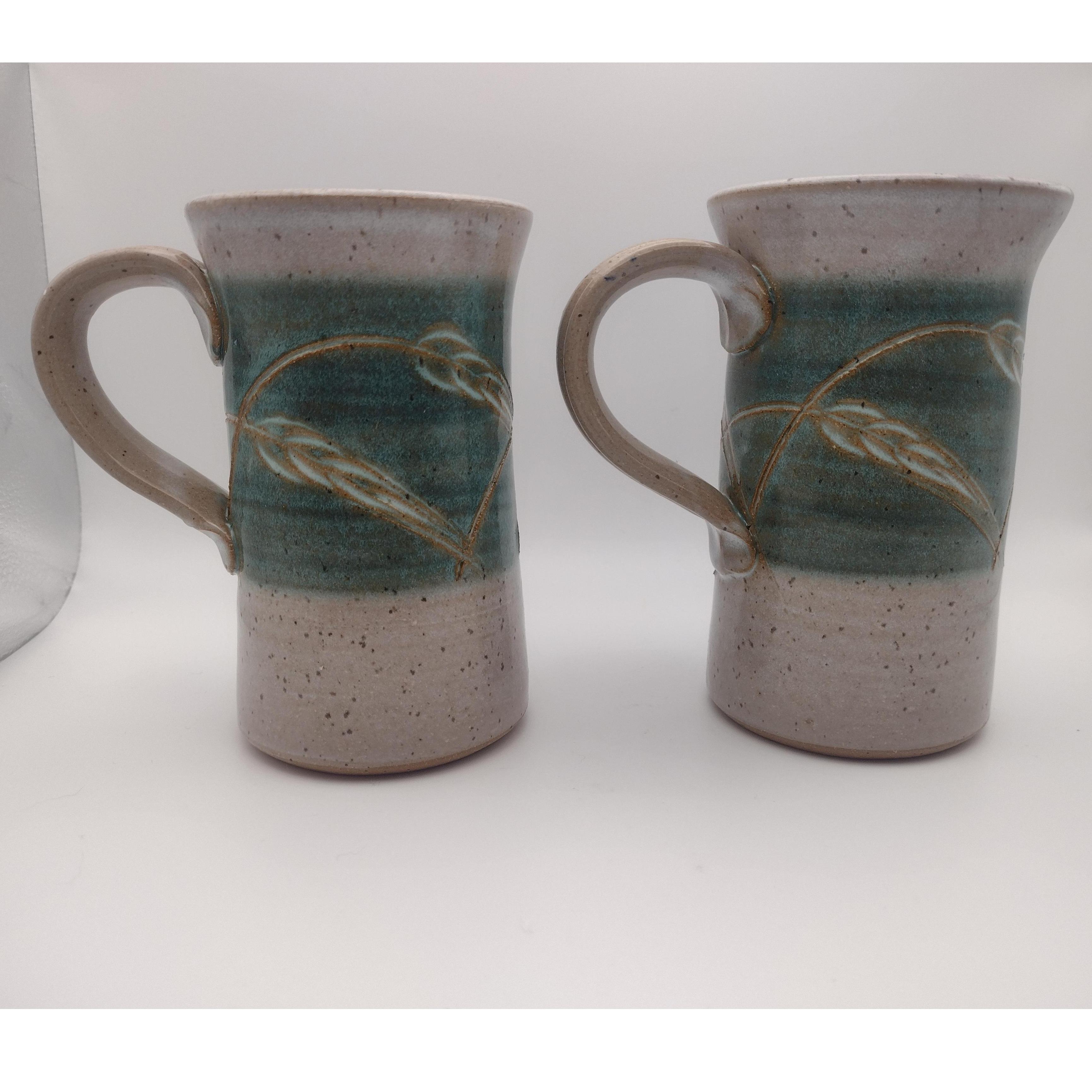 Set Of Handcrafted Stoneware Mugs with Wheat Design. Stamped AP