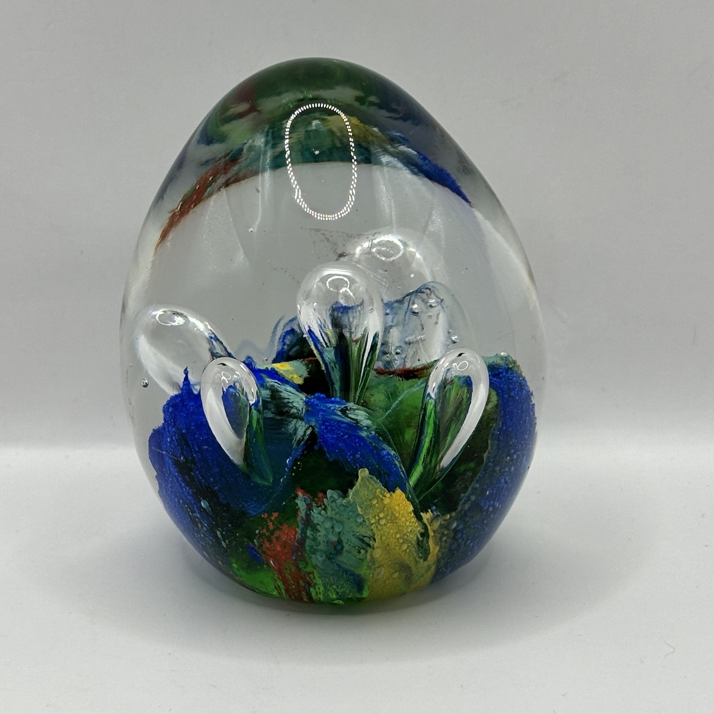 Retro Art Glass Paperweight Hand Blown Teardrop Bubbles Colorful Egg Shaped
