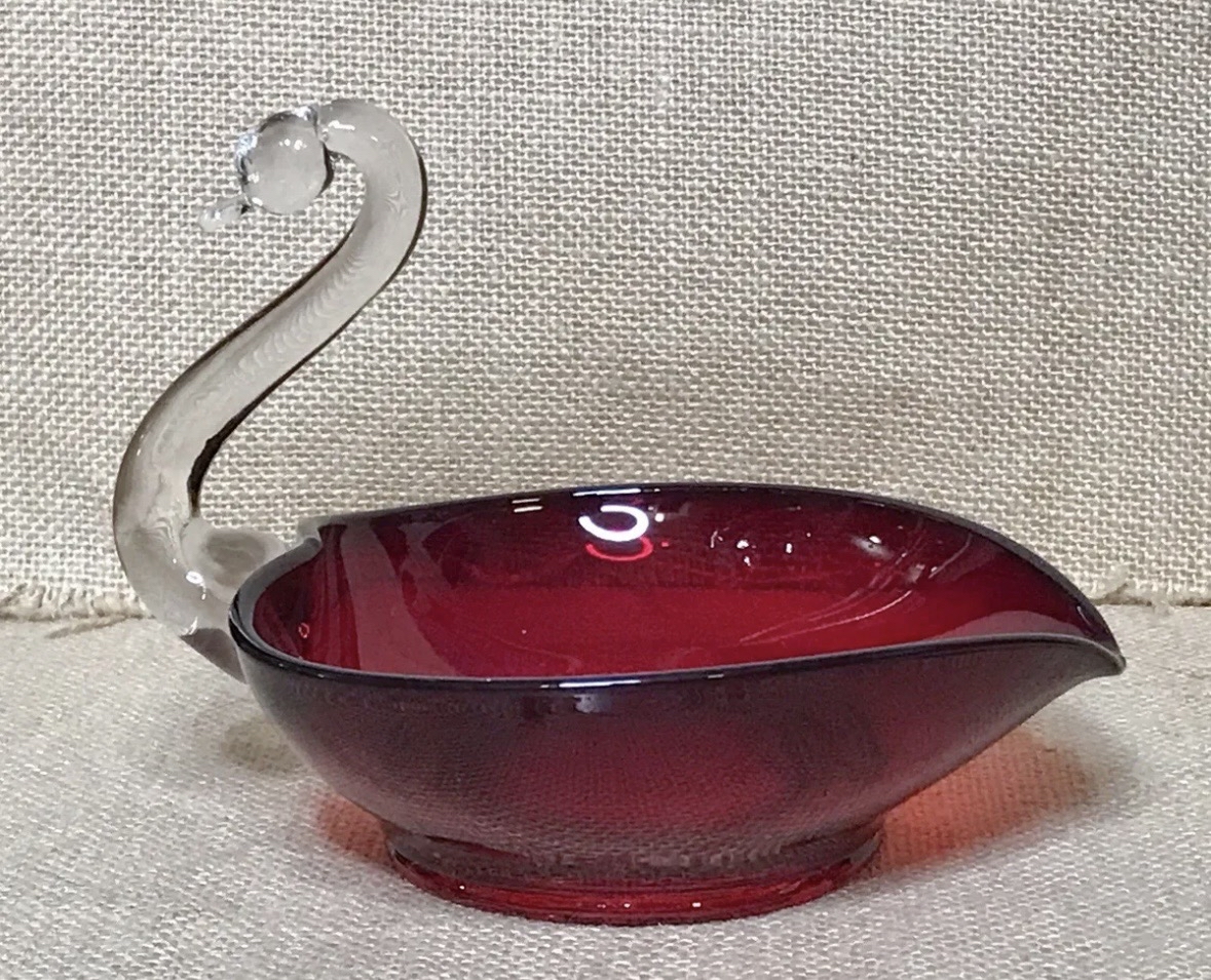 Vintage Duncan And Miller Crystal Glass Swan Candy Dish Ruby Red Heart Body