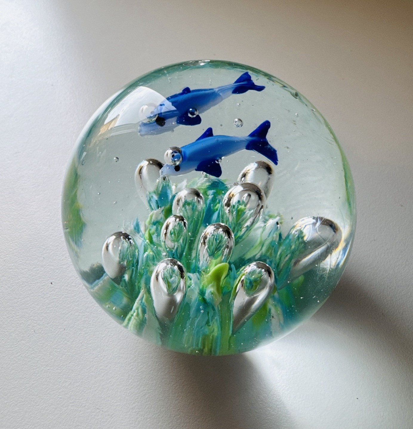Ocean Paperweight With 2 Blue Fishes