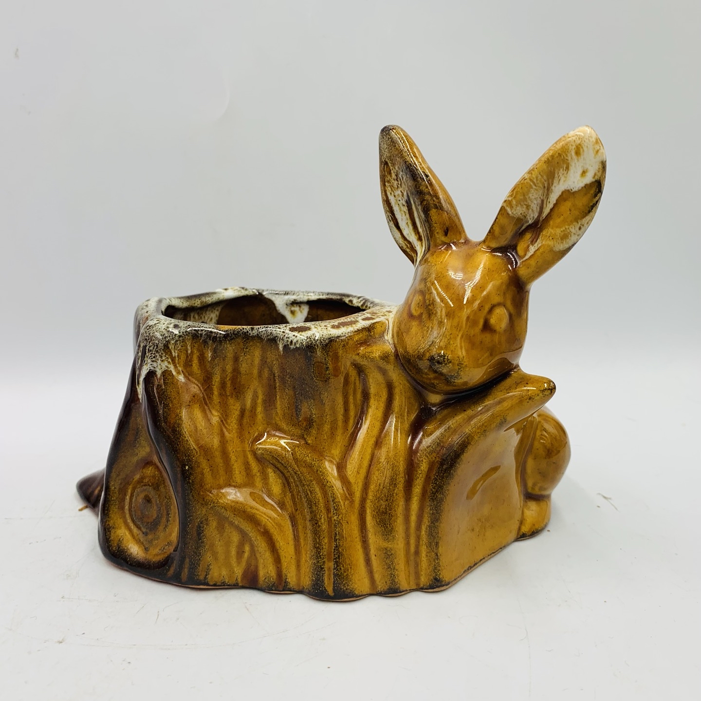 Vtg Anna Van Briggle Pottery Brown Drip Glaze Rabbit Planter By Tree Stump