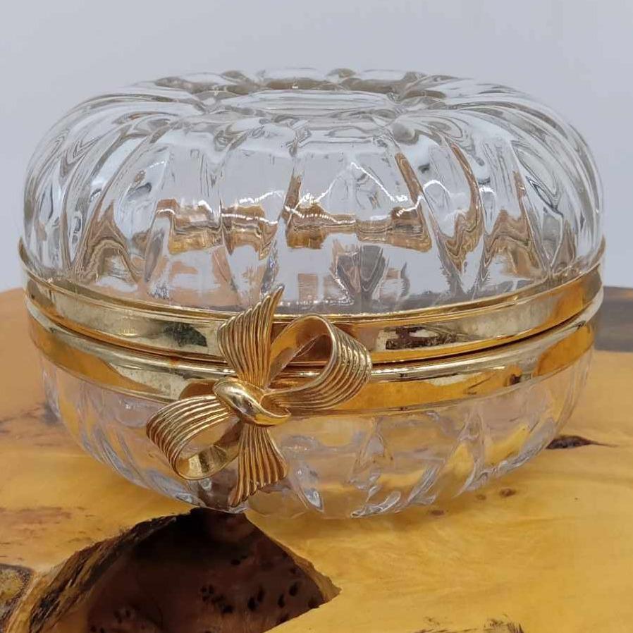 Glass trinket box, gold bow, jewelry, decor