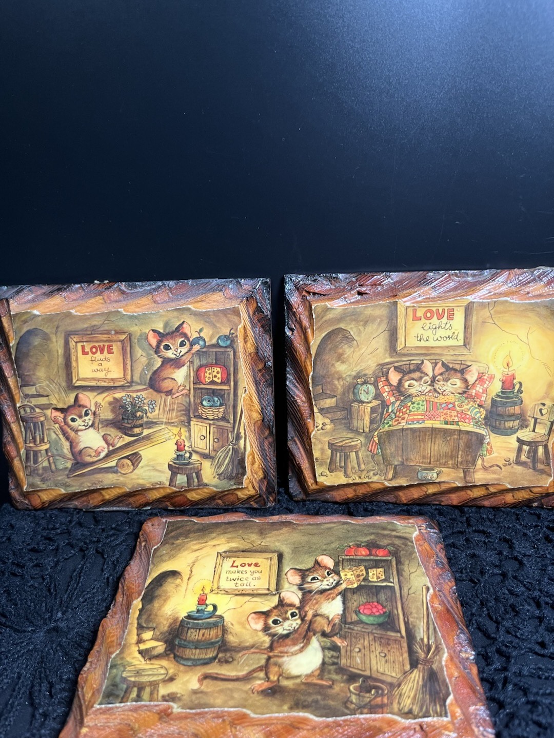 1970s Decoupaged Trio of Wm Otto Wooden Pictures. Featuring: "Love ...
