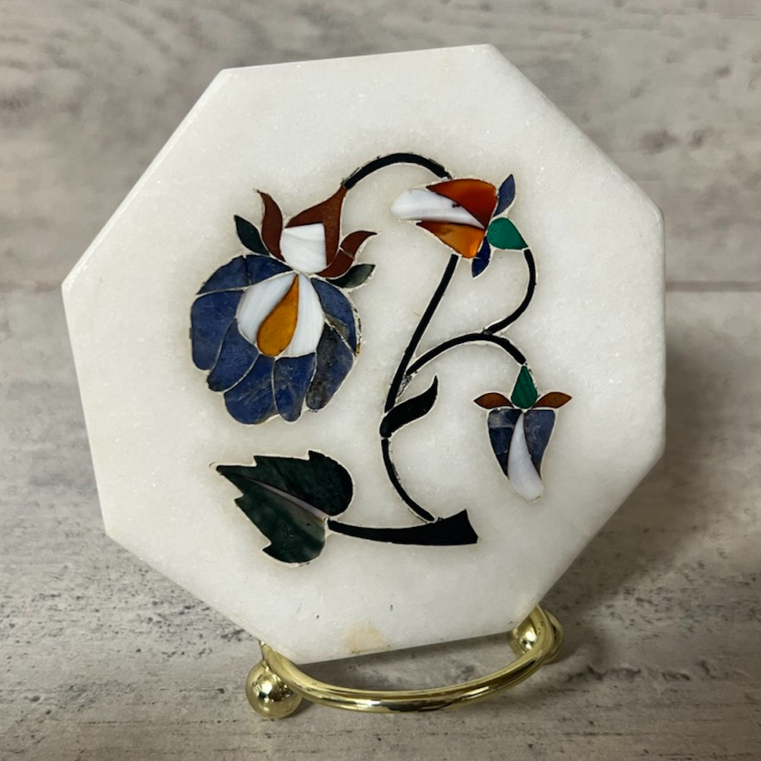 Marble Natural Stone Inlay Floral Tile & Gold Metal Stand